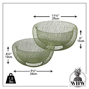 WHW Whole House Worlds Iconic Modern Wire Mesh Fruit Bowls, Olive Green, Set of 2, Art Museum Style, Iron, Large, 11.5 Inches Diameter x 6 Tall, and 9.5 Diameter x 4.75 Inches