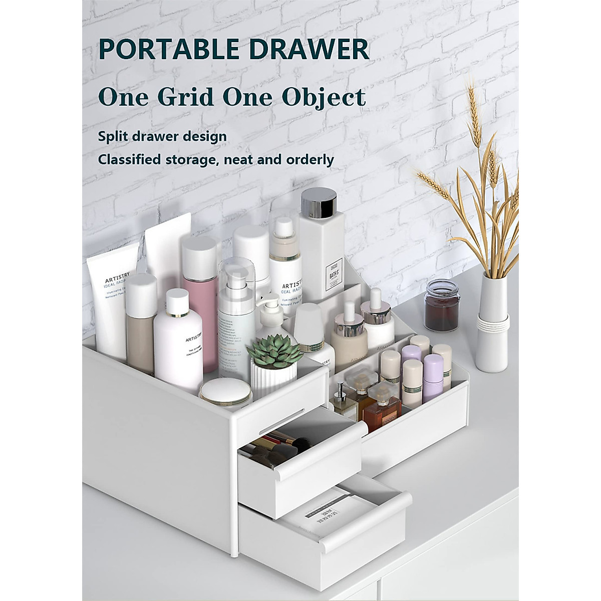 RUBRYKAZ Makeup Desk Cosmetic Storage Box Organizer with Drawers for Dressing Table, Vanity Countertop, Bathroom Counter, Elegant Vanity Holder for Brushes, Eyeshadow, Lipstick and Nail Polish,WHITE