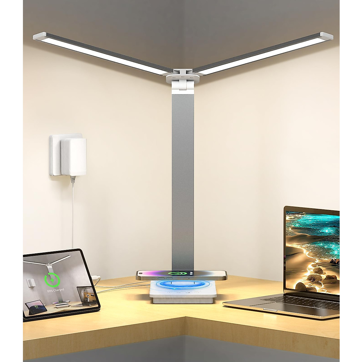 HSicily LED Desk Lamp with Wireless Charger, Double Head Desk Lamps for Home Office, Bright Desk Lamp with USB Charging Port for College Dorm Room, 5 Light Modes Desk Light with Timer, Night Light