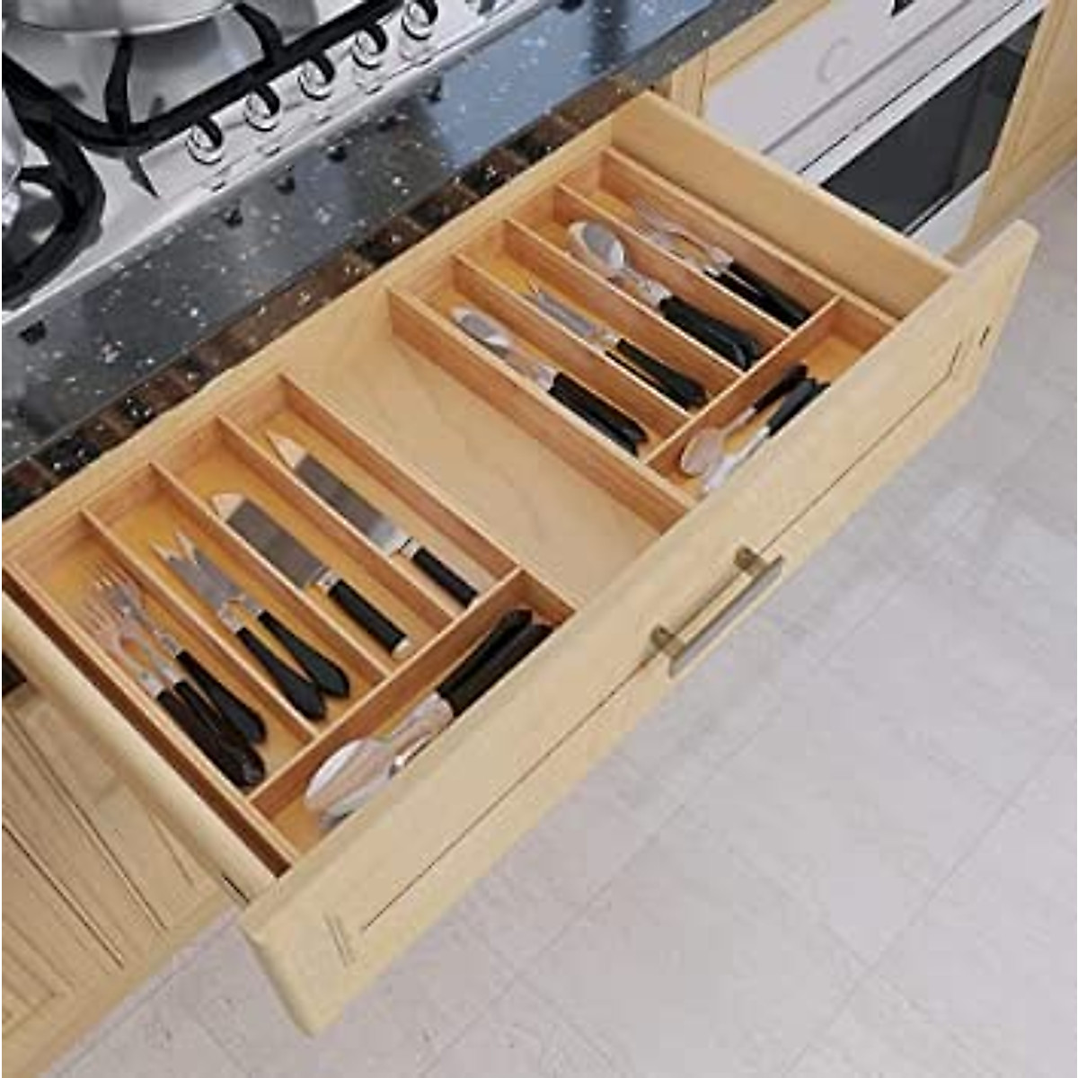 BAMEOS Utensil Drawer Organizer, Cutlery Tray Desk Drawer Organizer Silverware Holder Kitchen Knives Tray Drawer Organizer, 100% Pure Bamboo Cutlery in Natural Color (9.75)