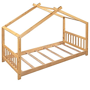 Bellemave Floor House Beds Wood Montessori Bed Frame Twin Size Platform Bed with Headboard & Footboard for Kids Boys Girls Teens, Natural