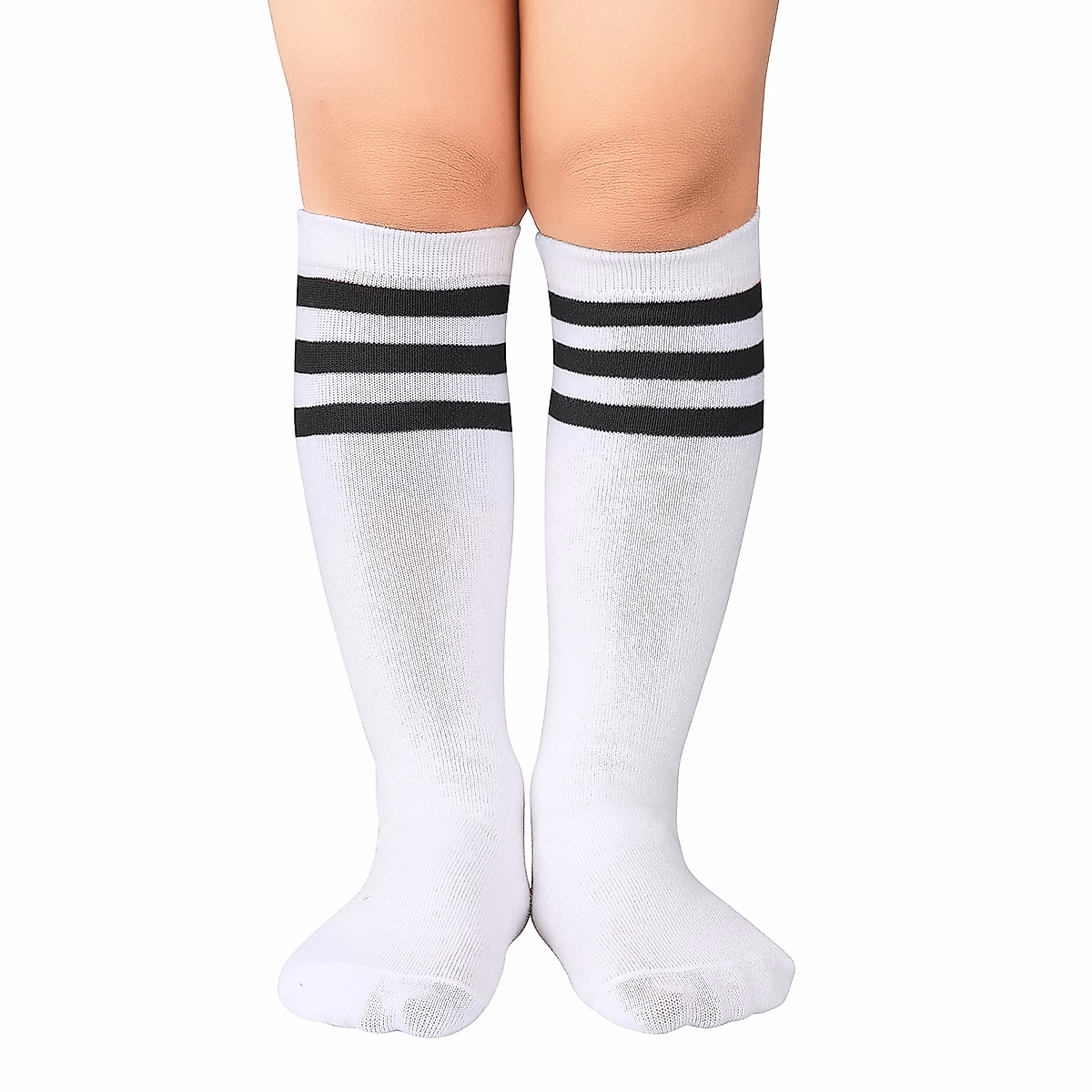 American Trends Kids Toddler Soccer Socks Knee High Tube long Socks Three Stripes Cotton Uniform Sports Socks for Child Boys Girls 1 Pack White Black 6-9 Years