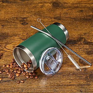 COMOOO 20oz Double Wall Vacuum Insulated Travel Mug, Stainless Steel Tumbler with Lid and Straw Durable Powder Coated Insulated Coffee Cup for Cold & Hot Drinks（Dark Green, 1 Pack）