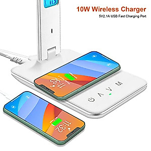 snsok LED Desk Lamp, Desk Light with Wireless Charger, USB Charging Port, Dimmable Office Desk Lamp with Clock, Alarm, Date, Temperature, Foldable Table Lamp for Table Bedroom Bedside Office, White
