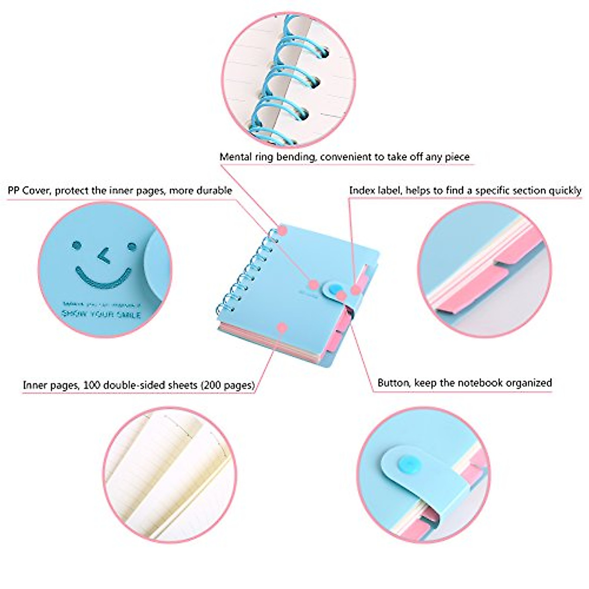 Pocket Spiral Journal Mini Notebook, Traveler Cute Diary, 5 Subject Planner, Ruled Small Writing Paper Hard Cover Notepad, Index Label, 100 Sheets, 5.1"×3.5" Smile Printed Memo Pad