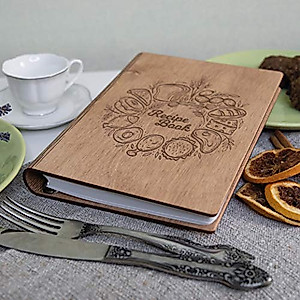WOXTEED A5 Wooden Blank Recipe Book to Write in (7.5 x 6 inch) - Cook Book with 80 Sheets for Handwritten Recipes - Hardcover Family Kitchen Journal and Recipe Keeper (Brown)