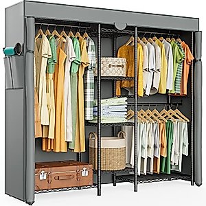 LEHOM G6C Heavy Duty Clothes Rack with Cover, Wire Garment Rack for Hanging Clothes, Compact Closet Storage Clothing Rack with Gray Oxford Fabric Cover, Adjustable Hanging Clothes Racks for Bedroom