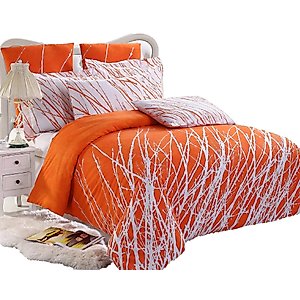 Swanson Beddings Tree Branches 5-Piece 100% Cotton Bedding Set: Duvet Cover, Two Pillow Shams and Two Euro Shams (Orange-White, Full)