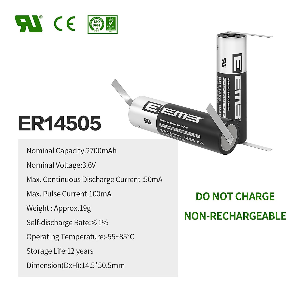 EEMB 4Pack ER14505 AA 3.6V Lithium Battery with FT Solder Tabs Li-SOCL₂ Non-Rechargeable Battery SB-AA11 LS14500 TL-5903 SL-360 S7-400 ER14500 for Chip Board/Sensor/Backup Power Supply/PLC Battery