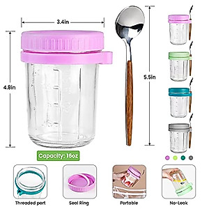 SUREHOME Overnight Oats Containers with Lids And Spoon, 4 Pack Glass Mason Jars for Overnight Oats Oatmeal Container to Go 16 Oz Meal Prep Jars with Measurement Scale for Pudding Milk Cereal Salad