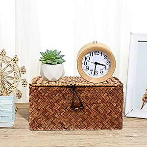 BESPORTBLE Wicker Baskets Desk Makeup Organizer Seagrass Storage Baskets with Lid Rectangular Rattan Storage Basket Wicker Box Bin Organizer for Makeup Clothes Small Outdoor Storage Box Small Basket