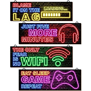 clothmile 4 Pcs Neon Gaming Decor for Boys Room Wooden Video Game Wall Art Motivational Quote Gamer Hanging Plaques Inspirational Wall Decor for Boys Kids Room Bedroom Playroom Decorations