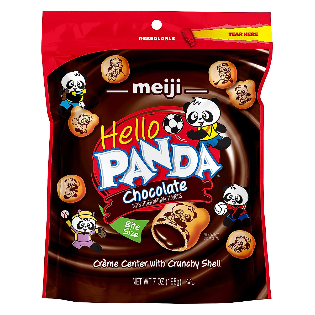 Meiji Hello Panda Cookies, Chocolate Crème Filled, Resealable Package - 7 oz, Pack of 6 - Bite Sized Cookies with Fun Panda Sports