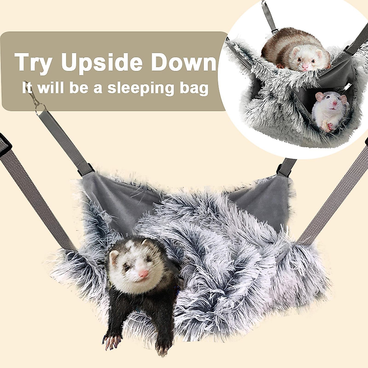 FULUE Ferret Rat Plush Hammock, Ferret Soft Bed Hammock Sugar Glide Cage Accessories for Ferret Rat Guinea Pig Chinchilla Squirrel Toy for Cage 13inch (Grey)