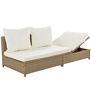 BIADNBZ 3-Piece Outdoor Rattan Sectional Sofa Furniture Set, All Weather PE Wicker Patio Couch with Adjustable Chaise Lounge Frame and Tempered Glass Table, Natural Brown+ Beige Cushion