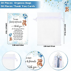 Ecally 50 Sets Baby Shower Favors for Guests PU Leather Keychain Bear Thank You Cards Organza Bags Gender Reveal Gifts (Blue, Boy Style)
