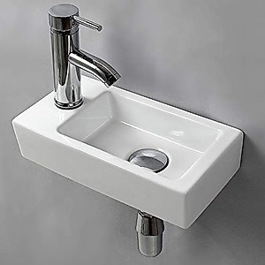 Wall Hung Basin Sink Small Cloakroom Basin Rectangle Ceramic Wash Basin Left Hand with Tap & Drain(Art Deco)