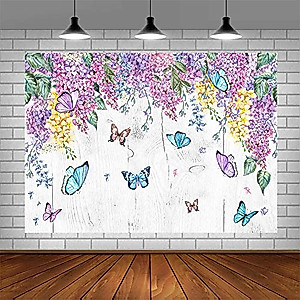 ABLIN 7x5ft Spring Butterfly Photography Backdrop for Birthday Baby Shower Party Decorations Purple Flowers Wood Background Wedding Photo Backdrop Shoot Props (CQ236)