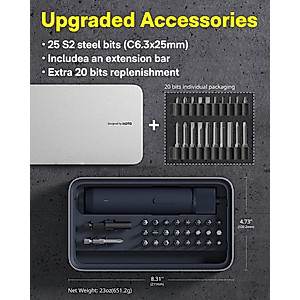 HOTO Electric Screwdriver Rechargeable,25+20 Extra Bits Enhanced Set,3.6V Cordless Screwdriver Set,3 Torque Settings,1500mAh Battery,LED Light for Furniture/Electric Appliances,No Charging Cable