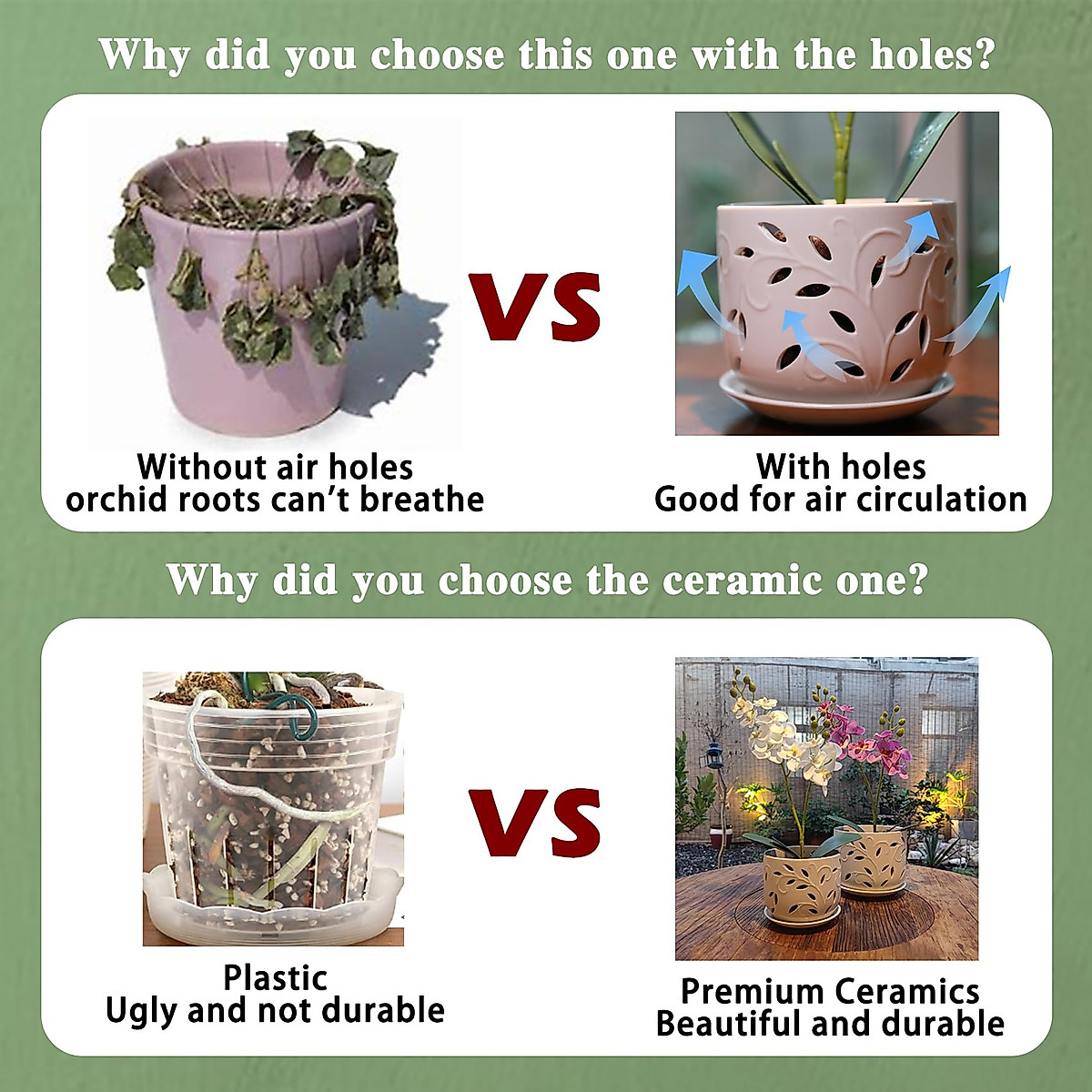 KERUITA Orchid Pots with Holes,6 inch + 5 inch Ceramic Planters Set of 2 with 2 Bottom Tray, Enhanced Drainage and Ventilation,White Flower Pots for Indoor/Outdoor Plants for Repotting