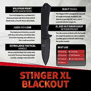 Off-Grid Knives - Stinger XL Folding Knife w. Spear Point Blade, Crucible 154CM Steel, G10 Scales, Deep Carry Clip (Blackwash)