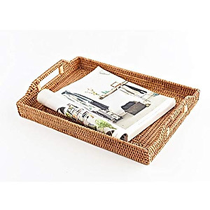Hand-Woven Rattan Rectangular Serving Tray with Handles for Breakfast, Drinks, Snack for Coffee Table (14.5x10.2x1.4inches)