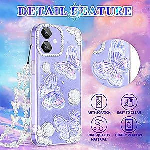 Goocrux (4in1 Case for Apple iPhone 11 Butterfly Glitter Handmade Sequin Sparkle Pretty for Women Girls Clear Design Crystal Pearl Sparkly Cute Girly Phone Cases+Chain+Camera Cover+Screen Protector