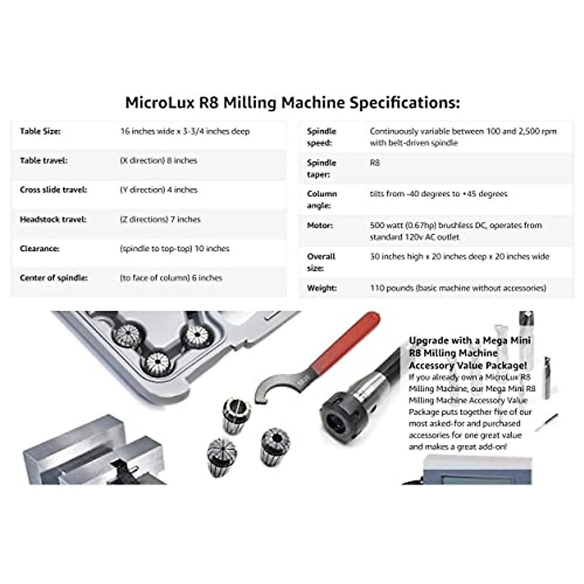 MicroLux® High Precision Heavy Duty R8 Miniature Milling Machine Only “True Inch” machine on the market, Powerful brushless 500W motor with more torque
