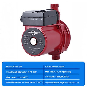 BOKYWOX Centrifugal Pump 120W 110V Food Grade Automatic Booster Pump NPT3/4'' Domestic Hot Water Circulator Pump 120W Home Recirculating Pump Hot Water Circulator Circulation Pump （RS15/9R）