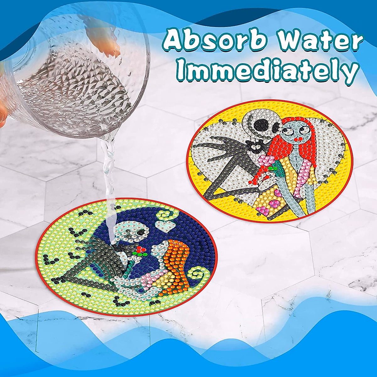 8 Pcs Halloween Diamond Paintings Coasters Kits with Holder, DIY Jack and Sally Coaster Diamond Art Kits,Full Drill Rhinestone Painting Kits for Adults & Kids,Beginners Art Craft Supplies