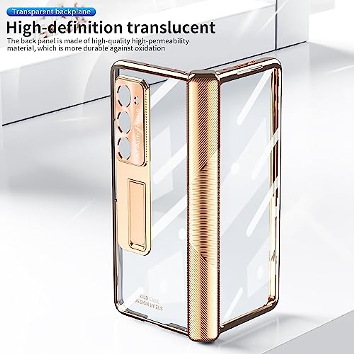 PUROOM for Samsung Galaxy Z Fold 5 Hinge Coverage Protective Case Transparent Plating PC with Pen Holder Kickstand Screen Protector All-Inclusive Case (z fold 5, Gold)