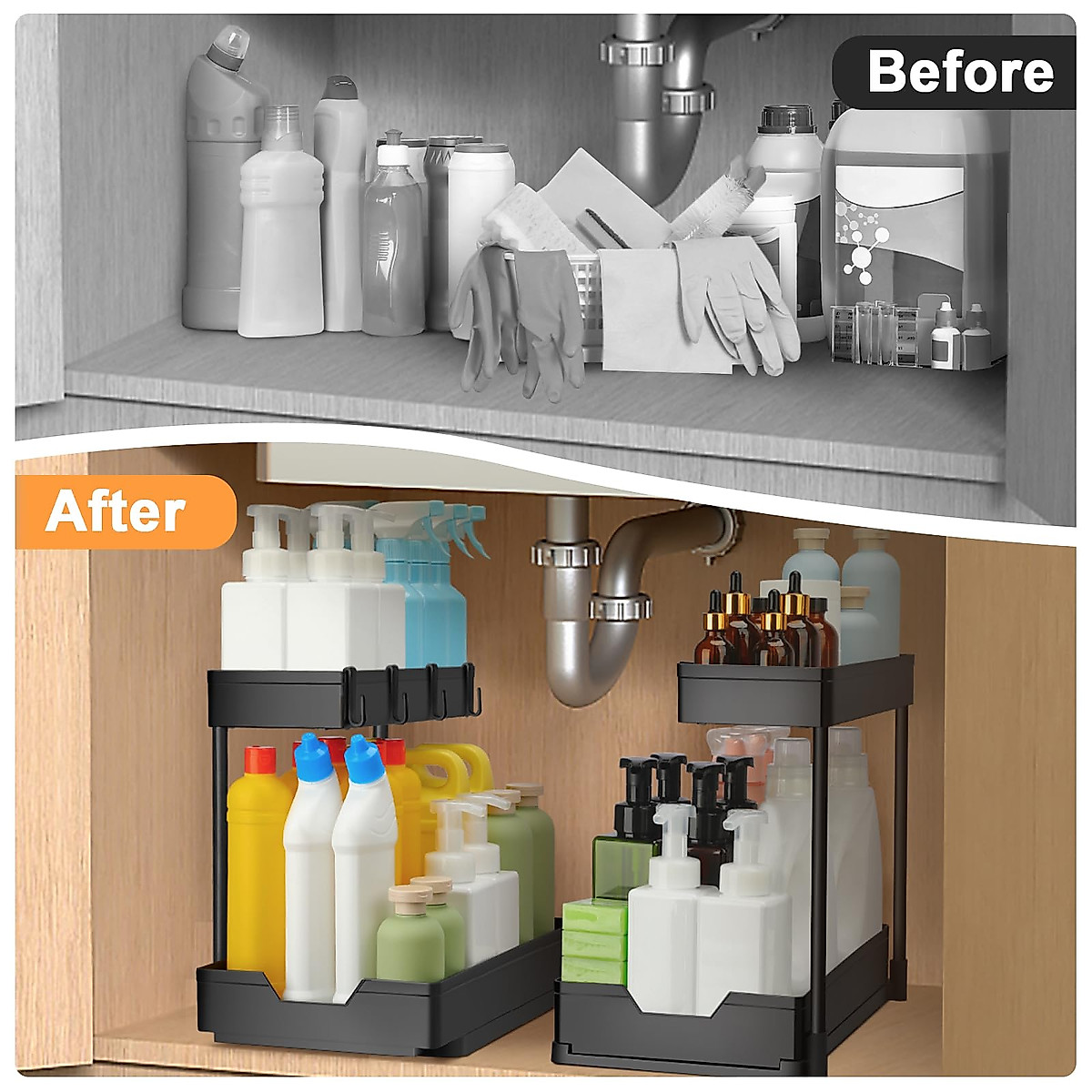 Bellzacasa Under Sink Organizers and Storage, 2 Tier Sliding L-shape Bathroom Cabinet Organizer, Multi-purpose Under Sink Organizer Shelf with 4 Hooks for Kitchen Bathroom Cabinet(Black, 1Pack)