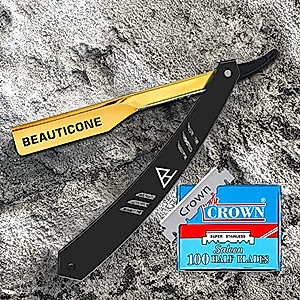 BEAUTICONE Straight Razor | Professional Barber Razor for men with 100 Single Edge Blades | Straight Edge Razor │slide-out design (Black and Gold Slide-out Razor)