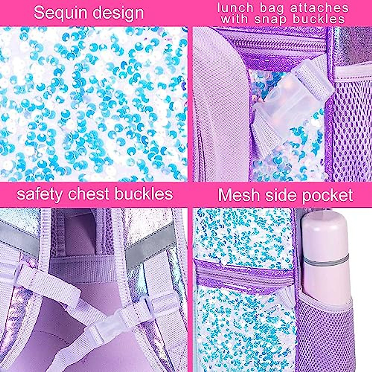 KLFVB 3PCS Unicorn Backpack, 16" Sequin Kids Girls Bookbag and Lunch Box, Preschool Backpacks for Elementary Students