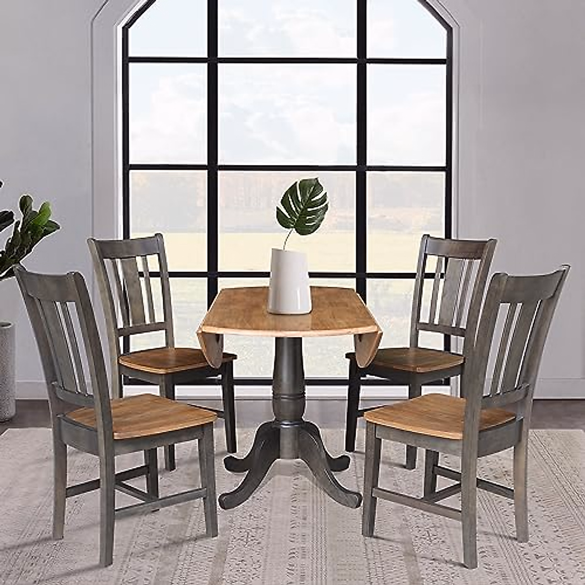 IC International Concepts 42-Inch Round Drop Leaf Dining Table Set with 4 Chairs, Ideal for Small Spaces and Dining Rooms - Hickory/Washed Coal Finish