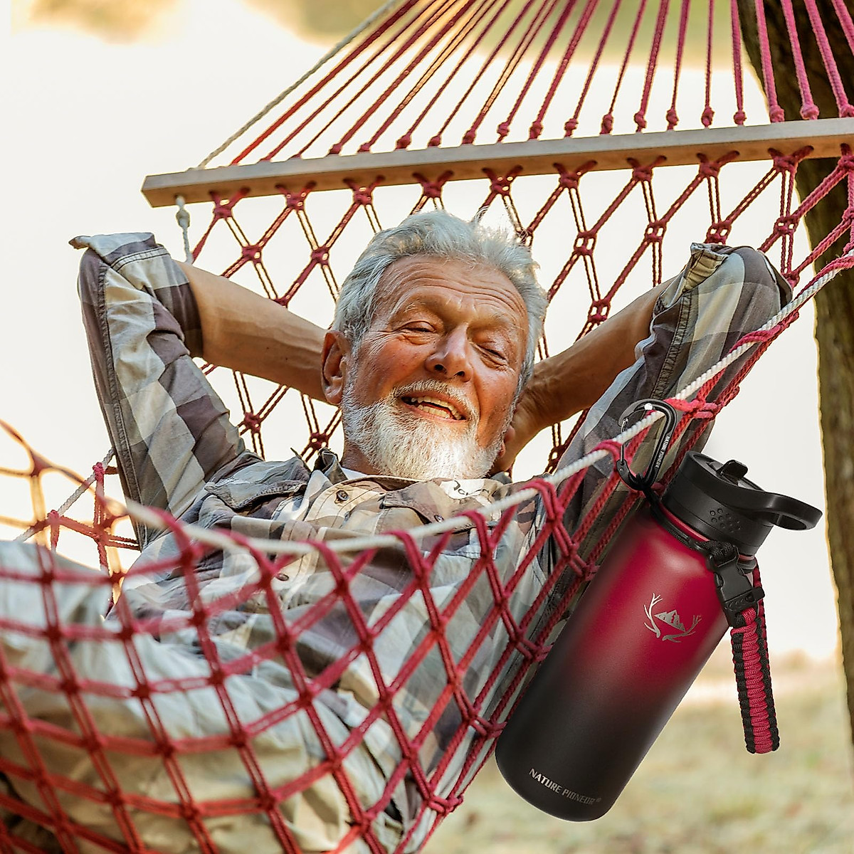 NATURE PIONEOR Insulated Water Bottles with Paracord Handle - 32 oz Vacuum Sports Wide Mouth Water Bottle with 3 Lids, Leak Proof Stainless Steel Keeps Hot and Cold