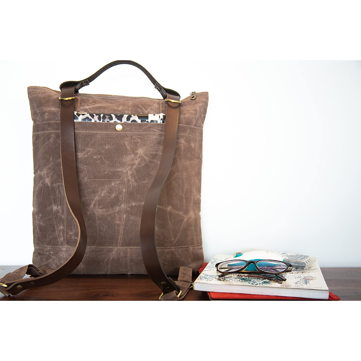 Small Convertible Totepack /Minimalist Slim Everyday Travel Daypack Women/ 14 Inch Laptop Backpack/ 8 Pocket College Bookbag/ Waterproof Lining/ Waxed Canvas & Leather/ Urbanist (Cinnamon Brown)