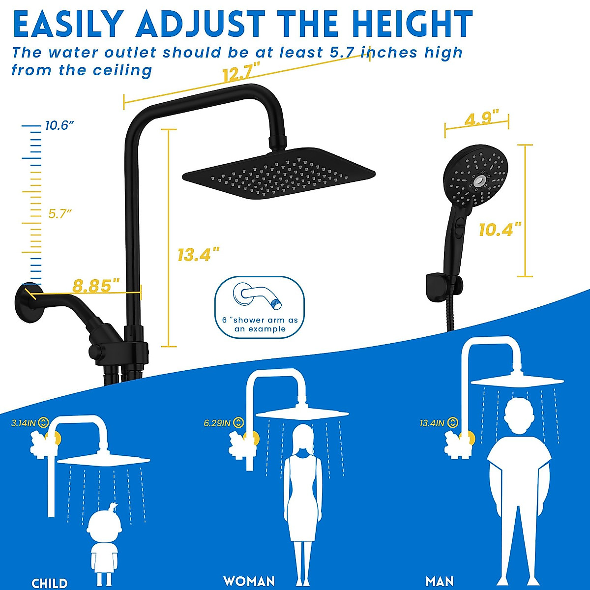 Ryamen Dual Shower Head Combo, Black 8'' High Pressure Rain/Rainfall Shower Head,5 Settings Adjustable Handheld Showers,with 15" Height Adjustable Slide Bar,Holder/59’‘ Hose