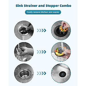 3 in 1 Black Kitchen Sink Stopper Strainer, Matteblack 304 Stainless Steel Pop Up Sink Drain Strainer with Handle Rod for US Standard 3-1/2 inch Drain Filter, Anti-Clog