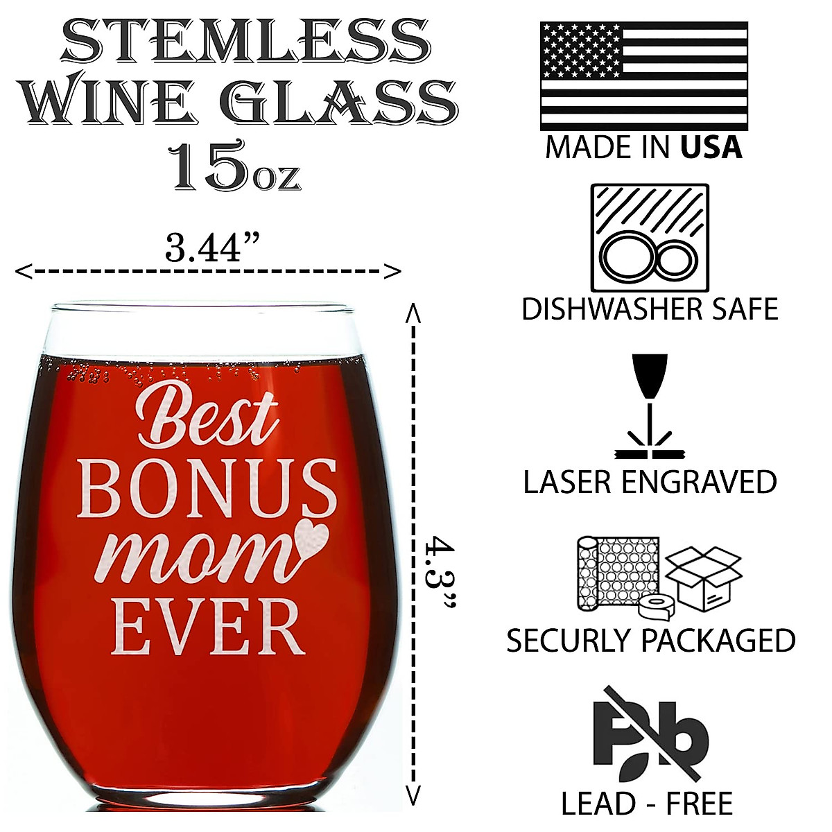 CARVELITA Best Bonus Mom Ever, 15oz Stemless Wine Glass, Mother's Day Gift for Stepmom, From Daughter, Son, Birthday Gift for Bonus Mom