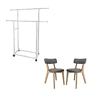 Fishat Simple Double Rod Garment Rack & SAH Solid Wood Dining Chair Set of 2