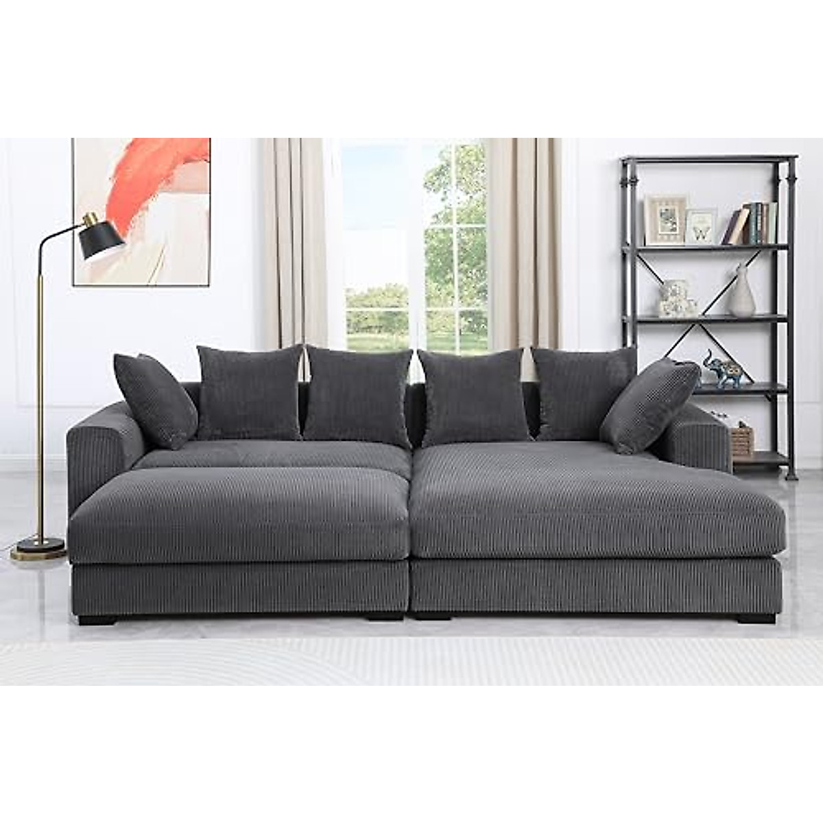 Oversized 3-Piece Right Facing Sectional Sofa Couches W/Ottoman for Living Room, 109.75-Inch L Shaped Corduroy Upholstered Convertible Sofa&Couch with Left Chaise Daybed and 6 Pillows