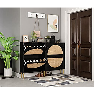 Black Rattan Shoe Storage Cabinet with 2 Flip Drawers for Entryway, Freestanding Shoe Rack Modern Slim Entryway Shoe Organizer with Half Round Woven Rattan Doors for Hallway