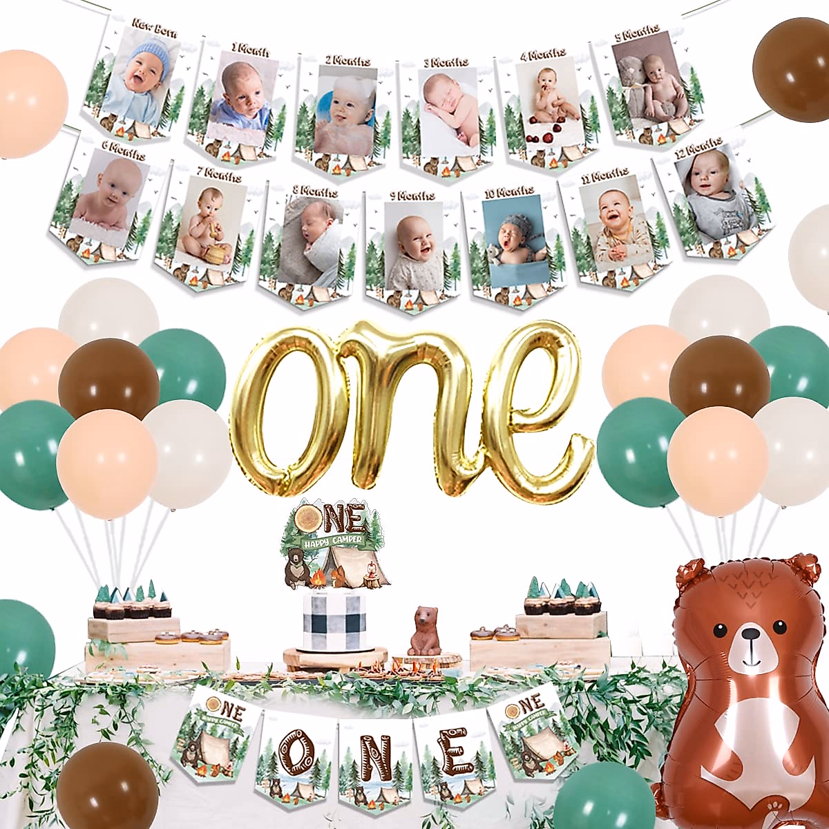 One Happy Camper Birthday Decorations for Kids Green Balloon Garland One Happy Camper Photo Banner Cake Topper 1st Forest Camping Birthday Backdrop Adventure Let’s Go Camping Party 1st Supplies