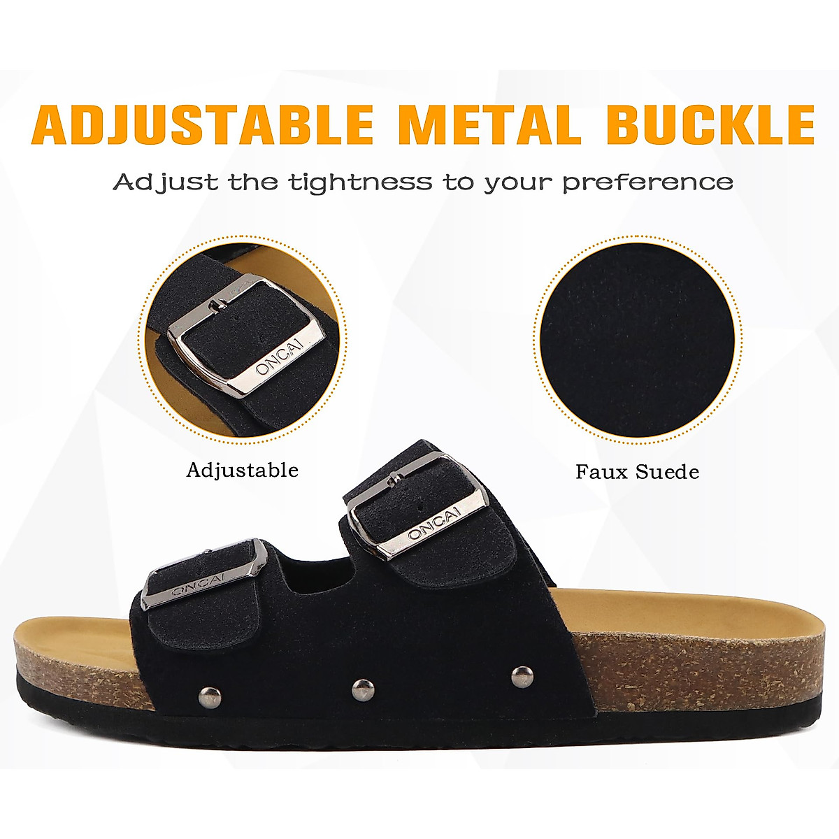 ONCAI Womens Comfortable Sandals Knock Off Clogs Sandals Women Dressy Summer Flat with Arch Support Two Strap Slip On Adjustable Buckle Slides Shoes for Women Black Size 8.5