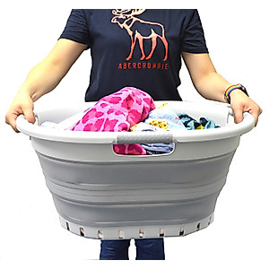 SAMMART 36L (9.5 gallon) Collapsible 3 Handled Plastic Laundry Basket-Foldable Pop Up Storage Container/Organizer-Space Saving Basket (3 handled Oval, Grey/Grey)