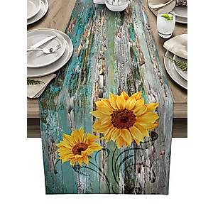 Summer Sunflowers Table Runner 36 Inches Long Farmhouse Dress Scarves, Spring Floral Botanical Teal Brown Retro Wood Dining Tablerunner for Coffee Table/Kitchen Island/Party Décor, Small 13" x 36"