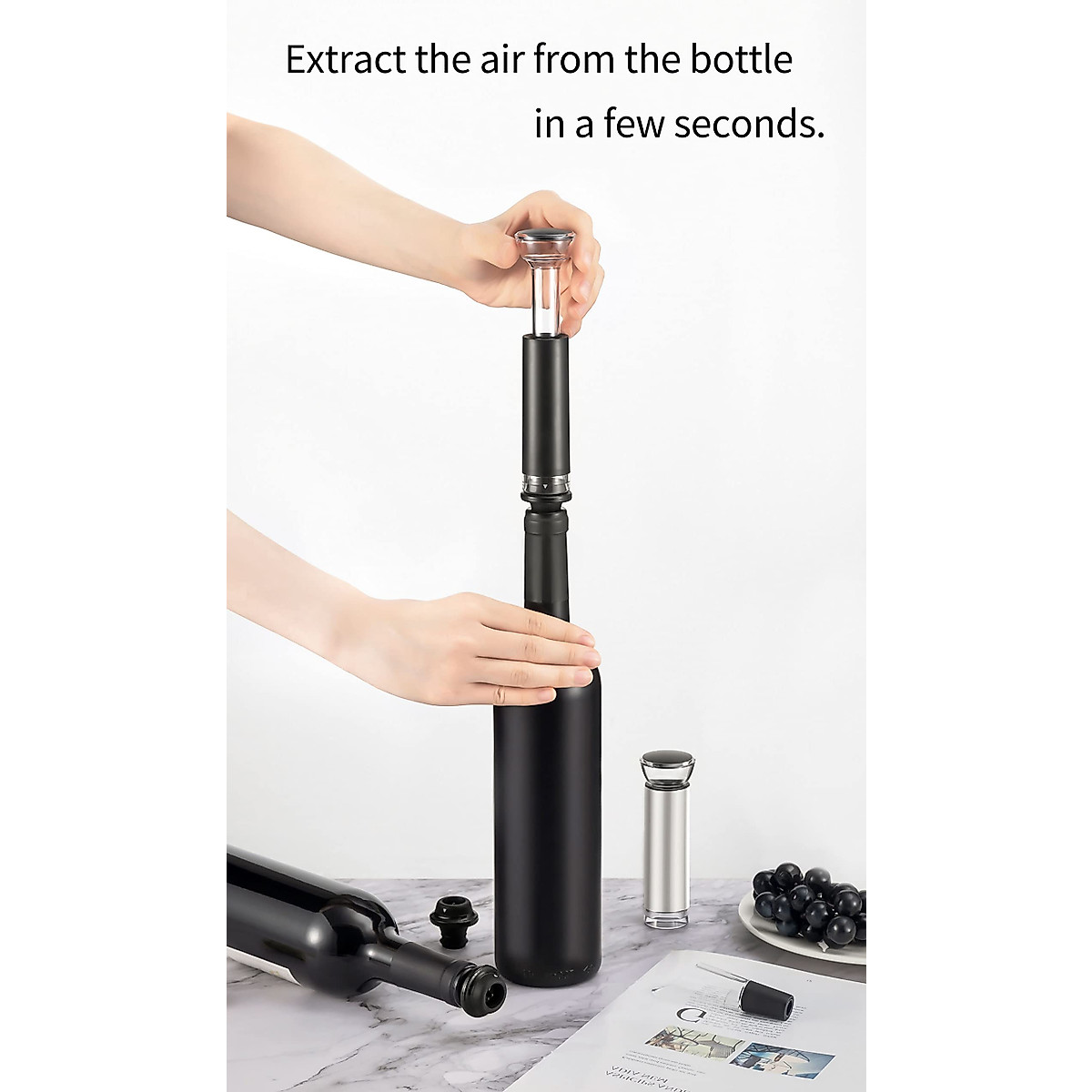 Wine Stoppers Vacuum SUPRIAM with Wine Pump, Stainless Steel Wine Saver Pump and 4 x Reusable Wine Stoppers for Wine Bottles