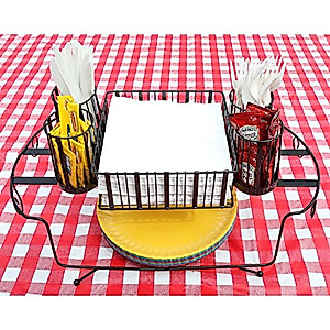 HOME DISTRICT Buffet Caddy for Plates, Utensils, Napkins 2 Tier Silverware Holder Dinner Plate Holder, Black Metal with Scroll Design