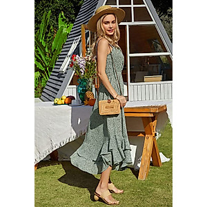 Women's Summer Floral Chiffon Bohemian Long Dress Elegant Square Neck Tie Front Ruffle Aline Maxi Dress Green L